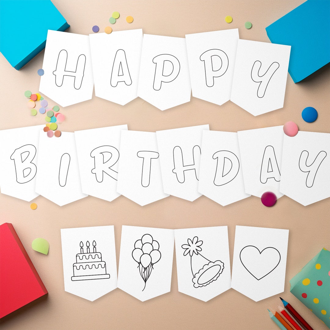 Happy Birthday Coloring Banner, Printable DIY Kids Banner, Birthday ...