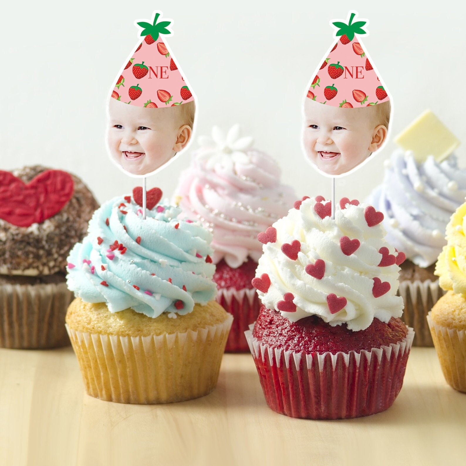 Strawberry Cupcake Toppers, Personalized Berry Face Photo Topper, First ...