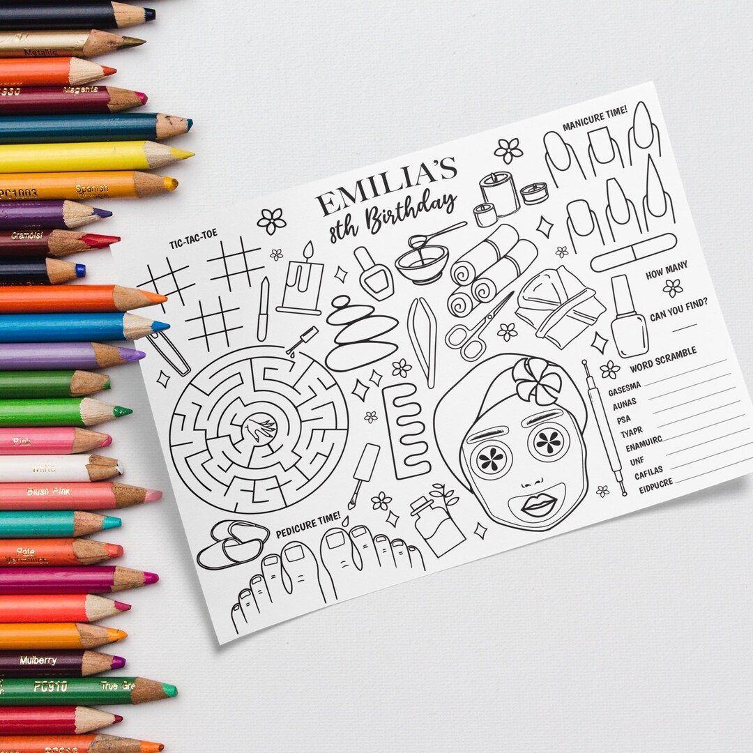 Spa Party Birthday Coloring Placemat, Spa Theme Printable Activities ...