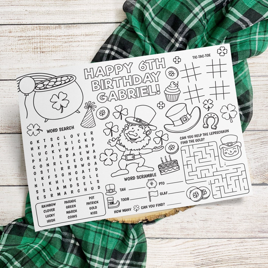 St Patricks Day Coloring Placemat, Kids Birthday St Patrick Theme, St ...
