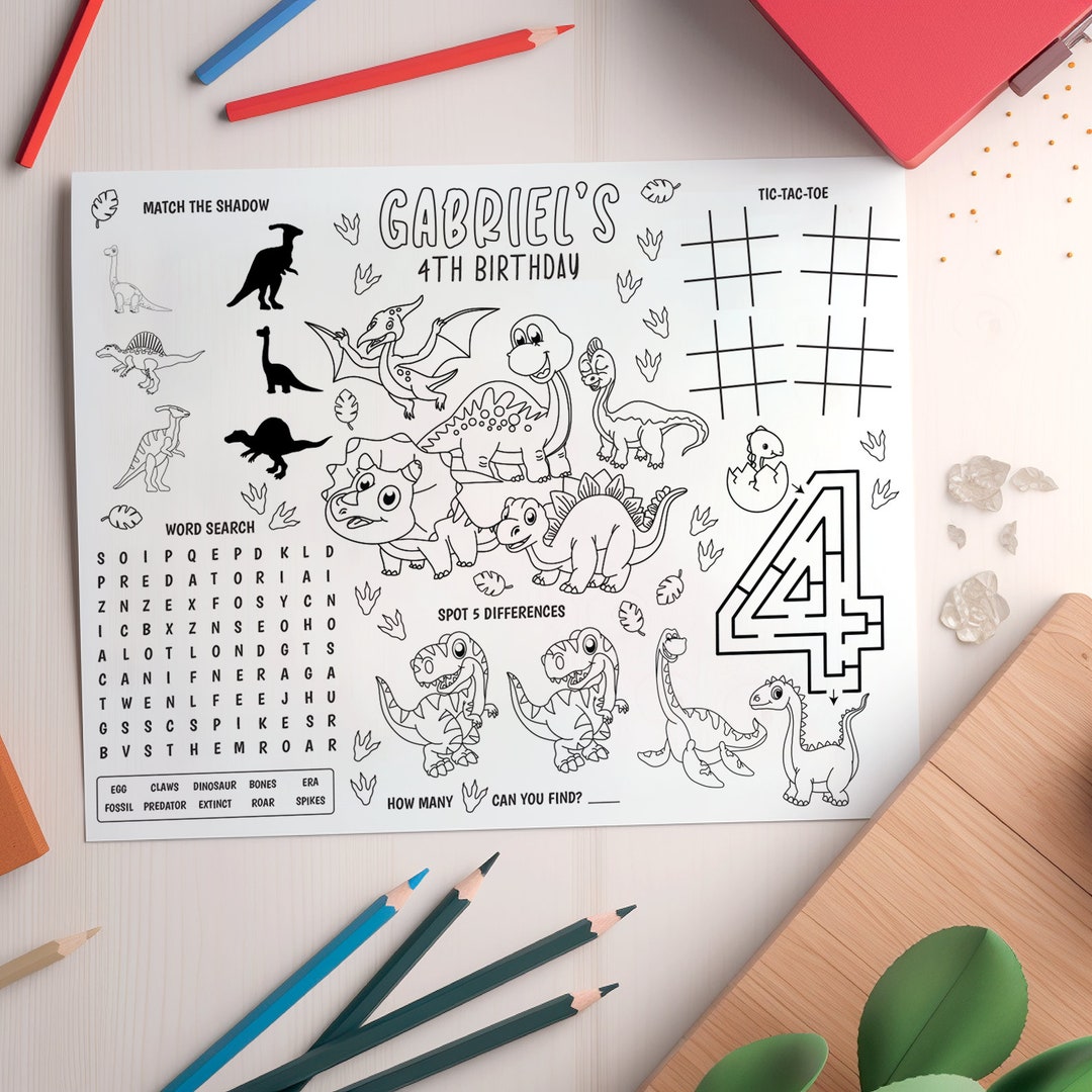Dinosaur Birthday Placemat, Dinosaur Coloring Sheet, Dinosaur Birthday ...