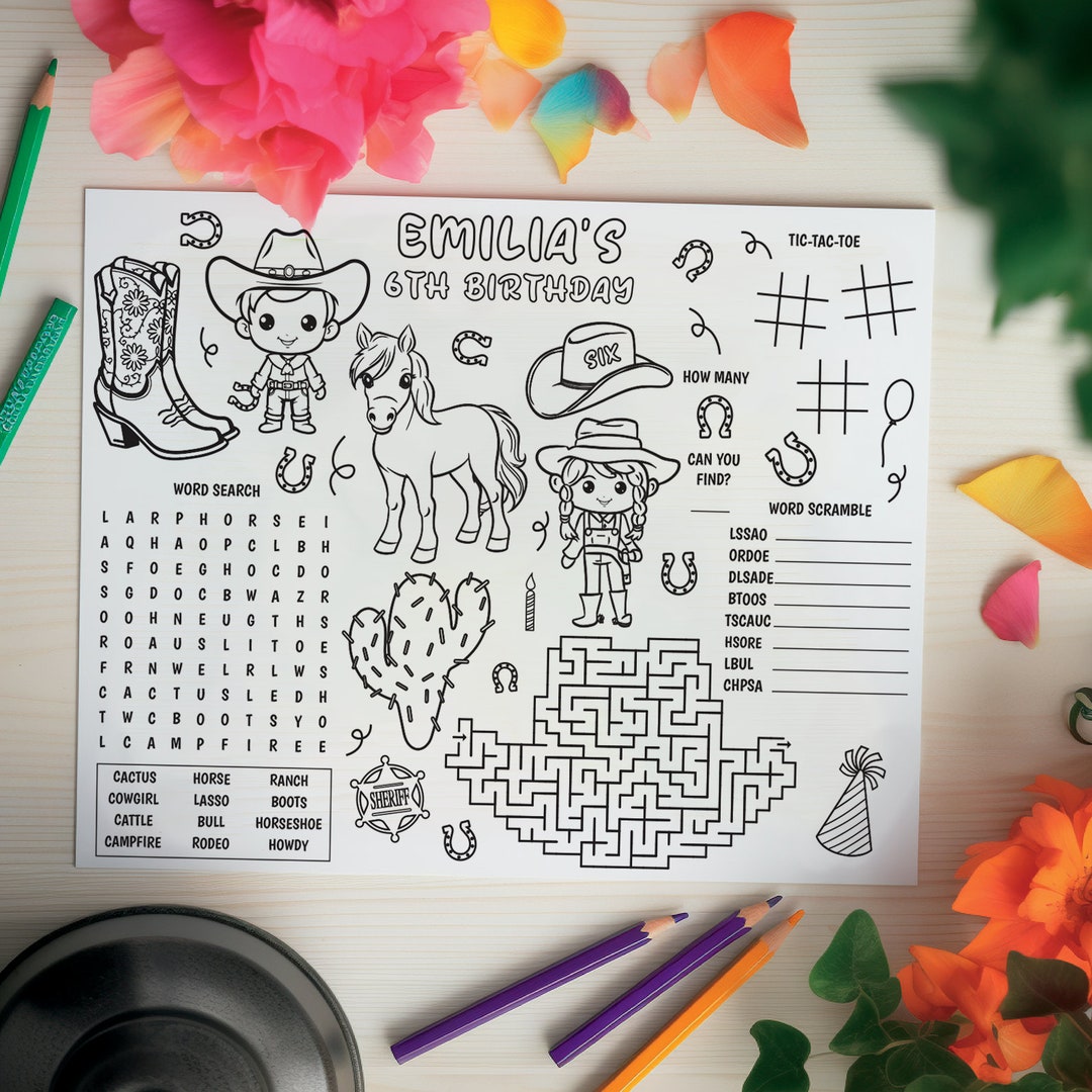 Cowgirl Birthday Coloring Placemat, Cowgirl Theme Activity Placemat ...