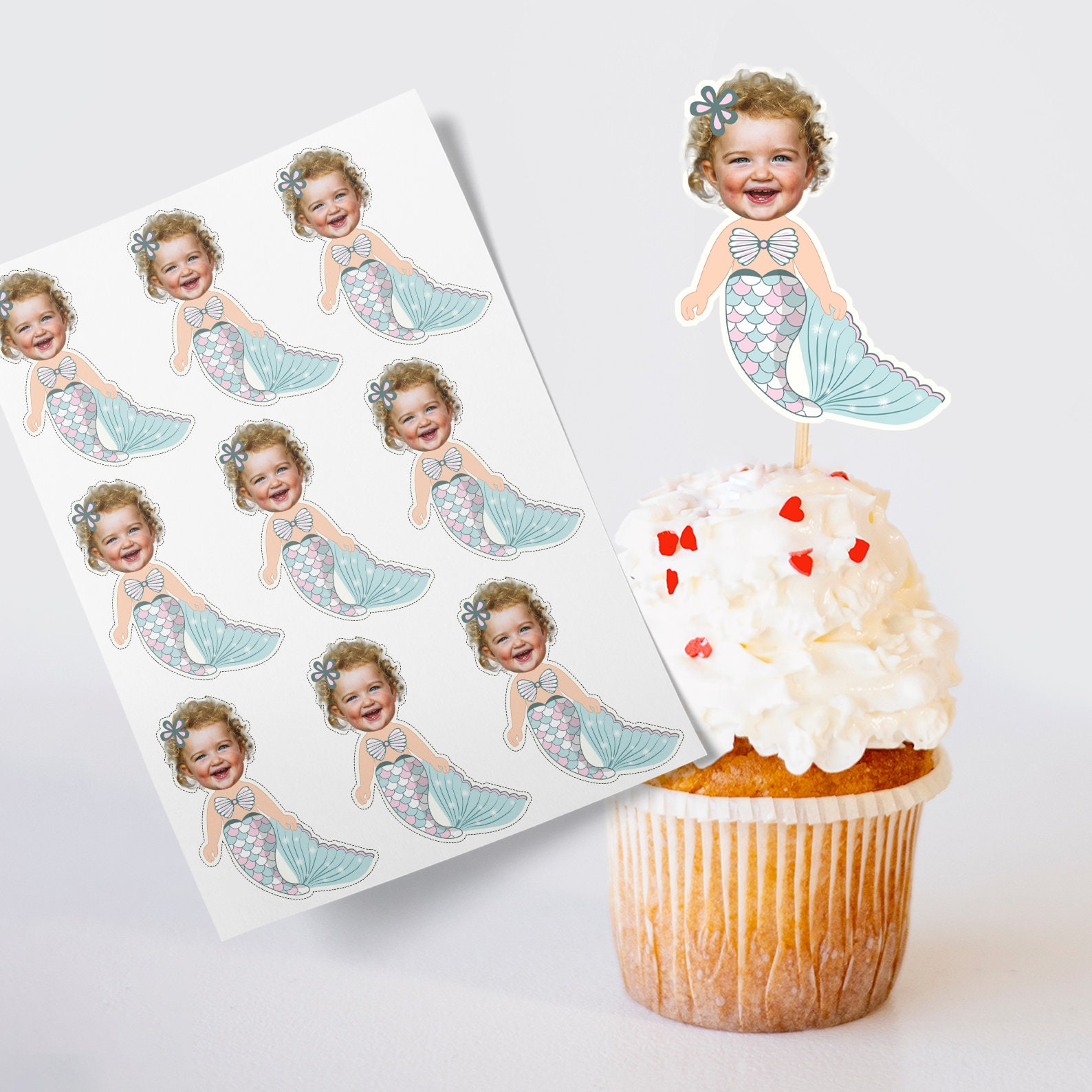 Mermaid Face Cupcake Toppers, Personalized Mermaid Photo Topper ...