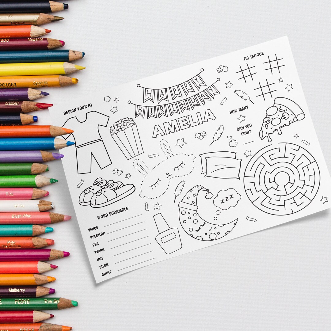Slumber Party Coloring Placemat Kids Sleepover Birthday - Etsy