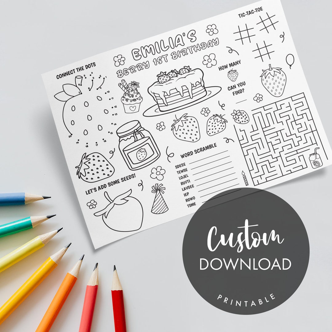 1st Birthday Strawberry Coloring Placemat, Strawberry Activity Placemat ...