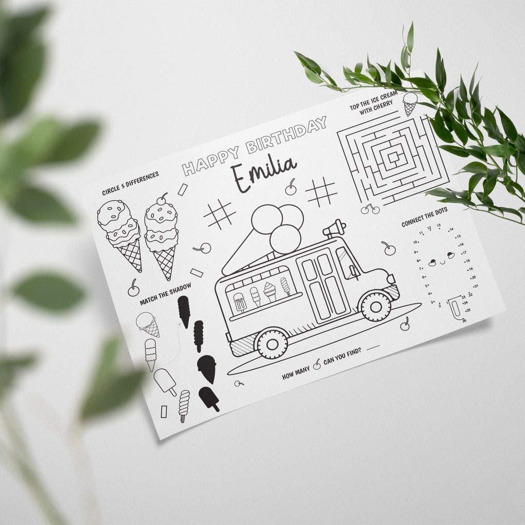 Ice Cream Truck Coloring Placemat, Printable Ice Cream Party, Ice Cream ...