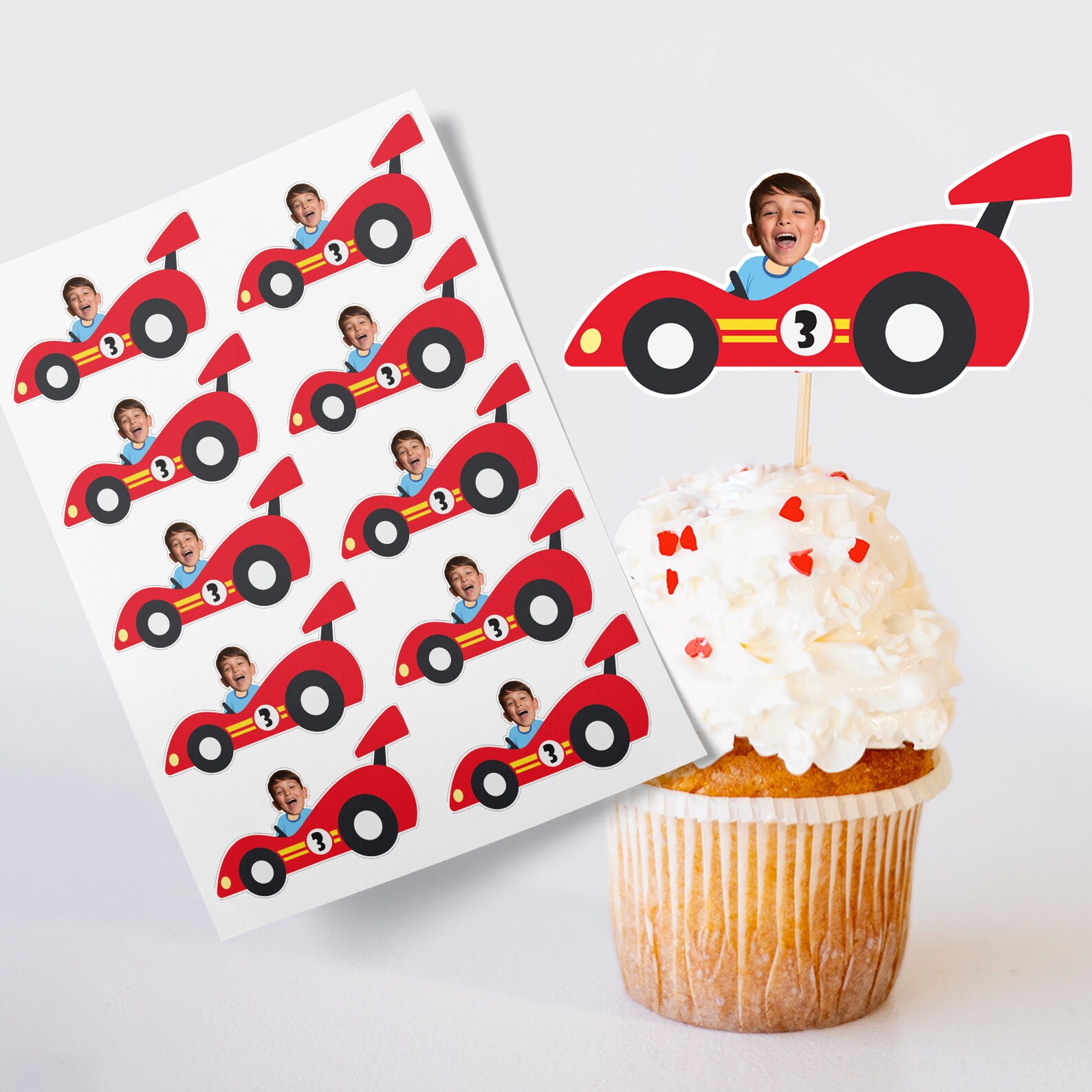 Racing Party Face Cupcake Toppers, Printable Race Car Photo Topper ...