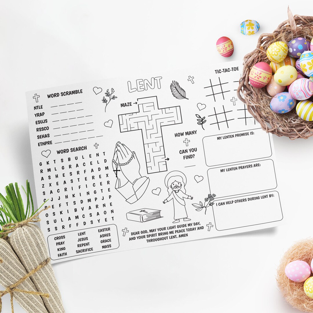 Lent Kids Coloring Placemat, Christian Lent Activity Sheet, Bible Quote ...