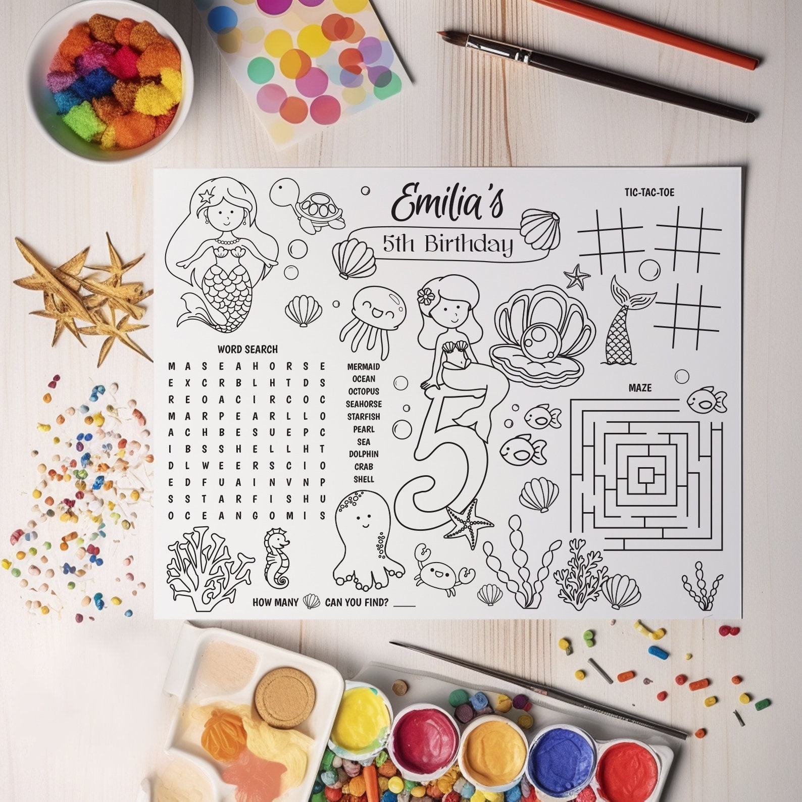 Mermaid Birthday Coloring Placemat, Mermaid Party Theme Printable ...