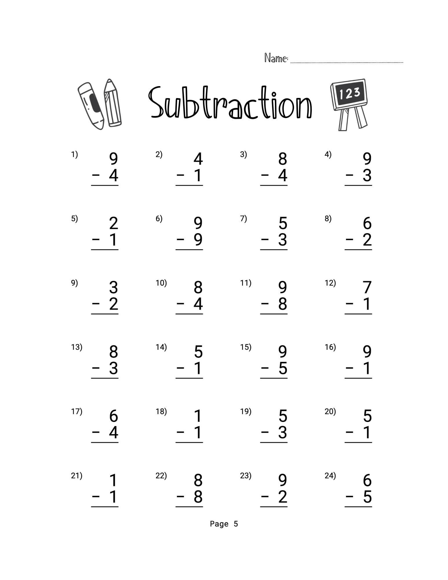 10 Printable Subtraction Worksheets. Numbers 1-9. Answer Key Included ...
