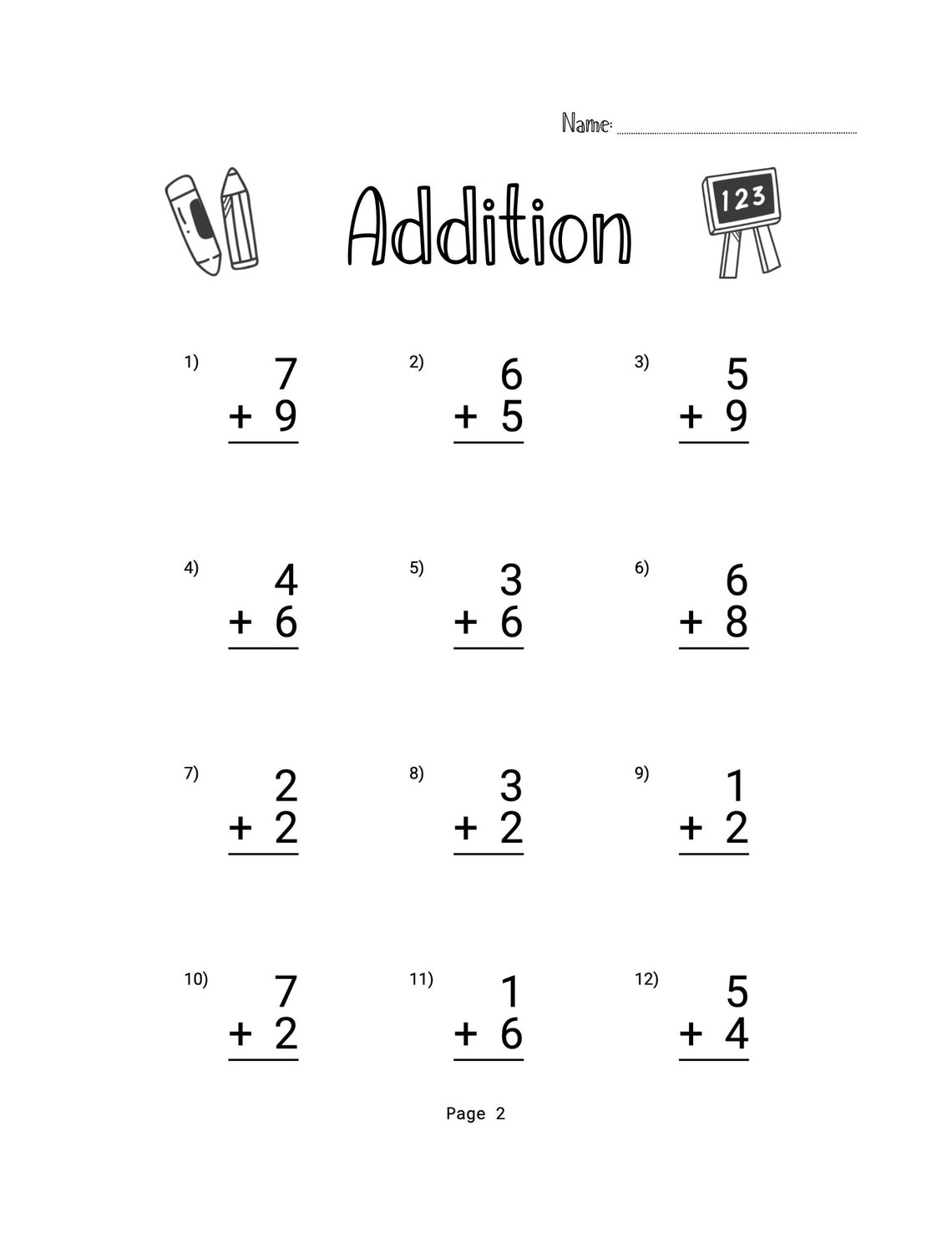 10 Printable Addition Worksheets. Numbers 1-9. Answer Key Included ...