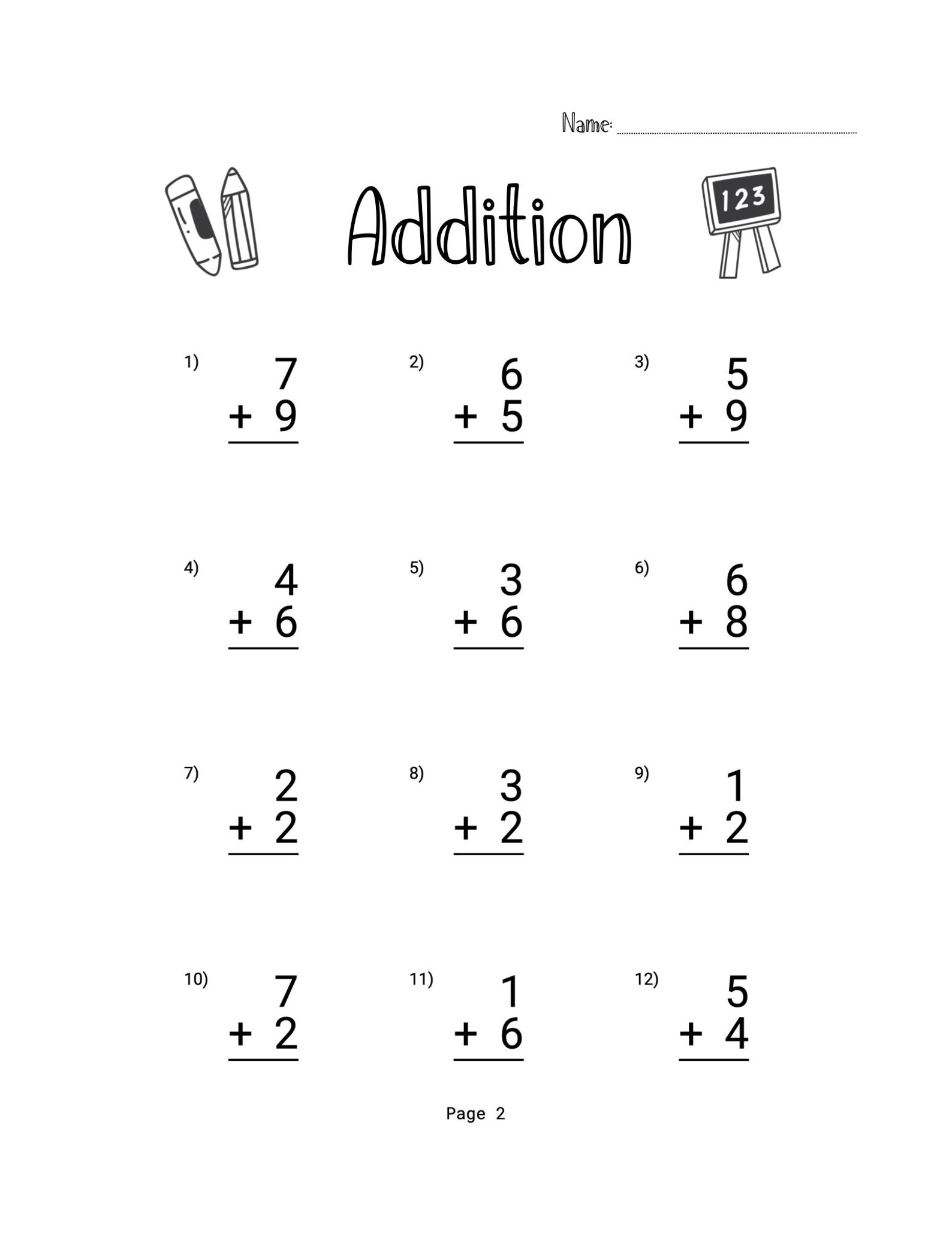 10 Printable Addition Worksheets. Numbers 1-9. Answer Key Included ...