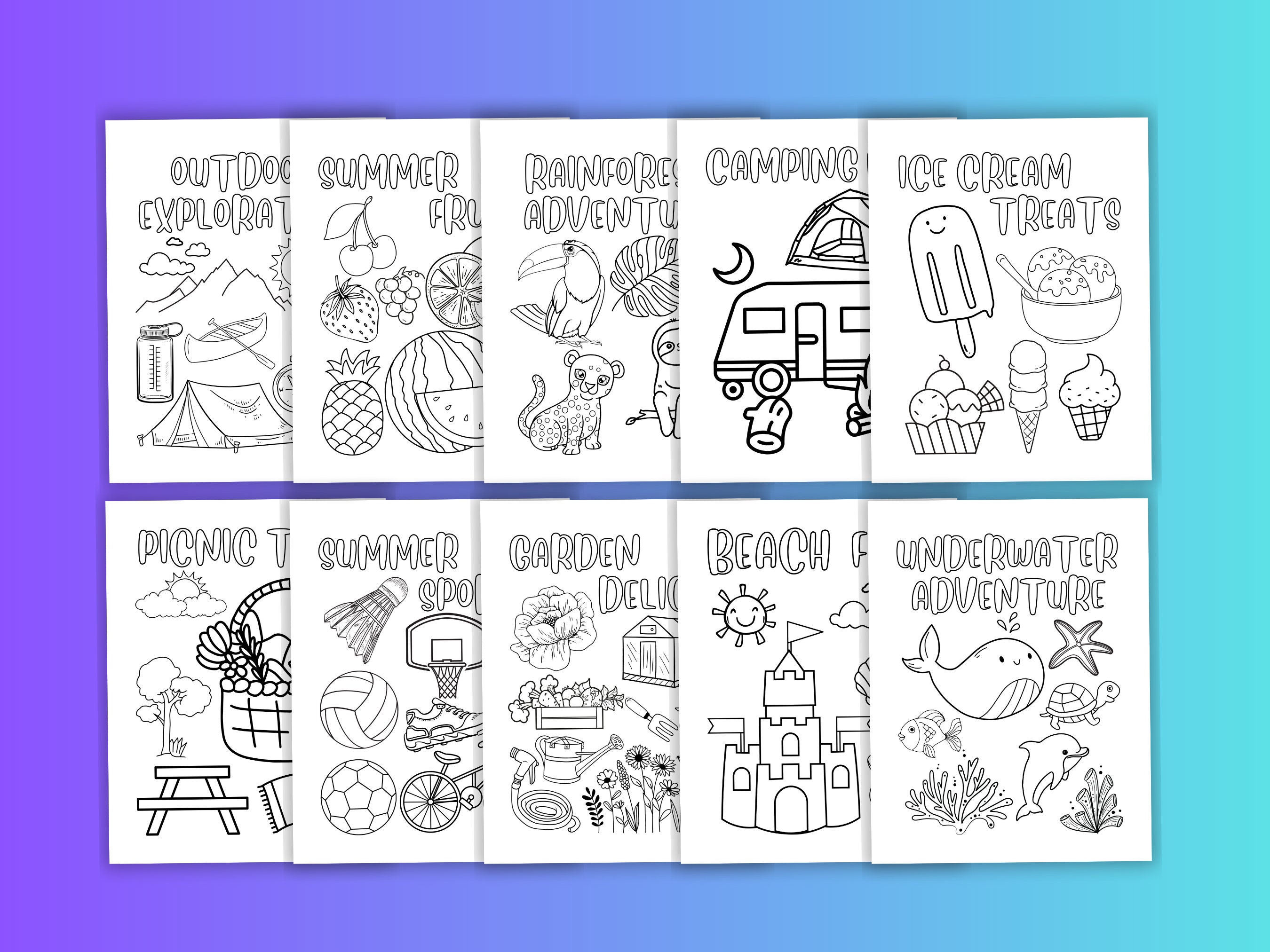 Summer Fun 10 Coloring Pages for Kids, Color, Printable, Digital ...