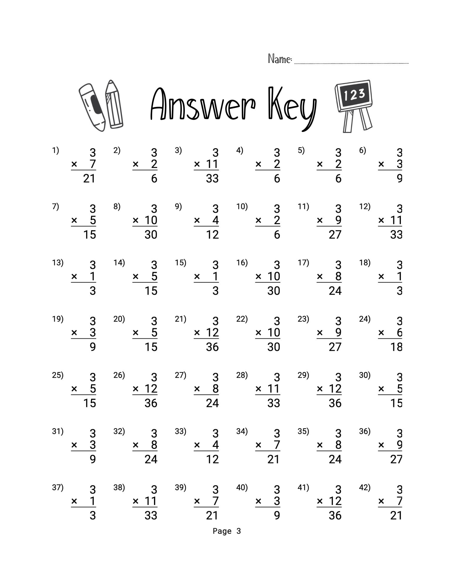 12 Printable Multiplication Worksheets. Numbers 1-12. Answer Key ...