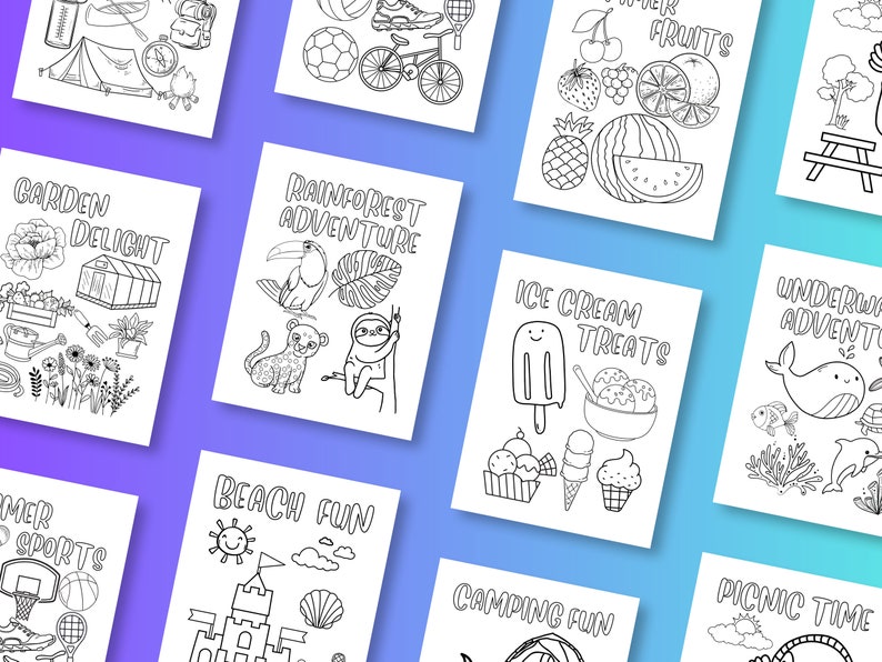Summer Fun 10 Coloring Pages for Kids, Color, Printable, Digital ...
