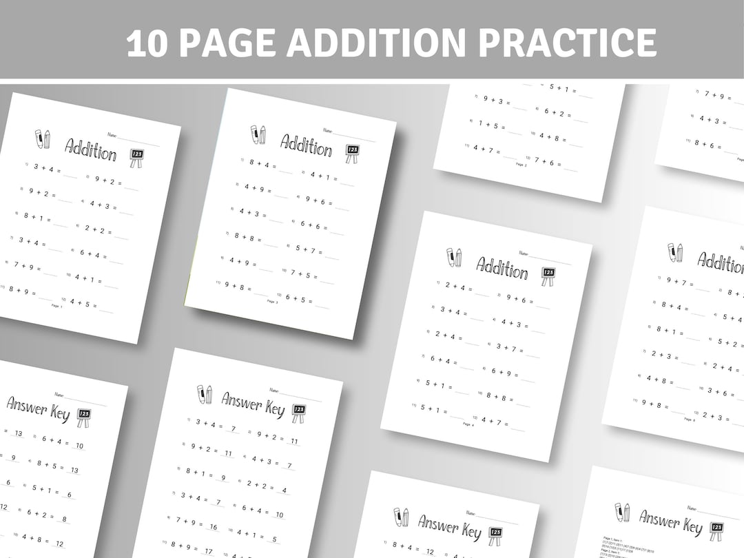 10 Printable Addition Worksheets. Numbers 1-9. Answer Key Included ...