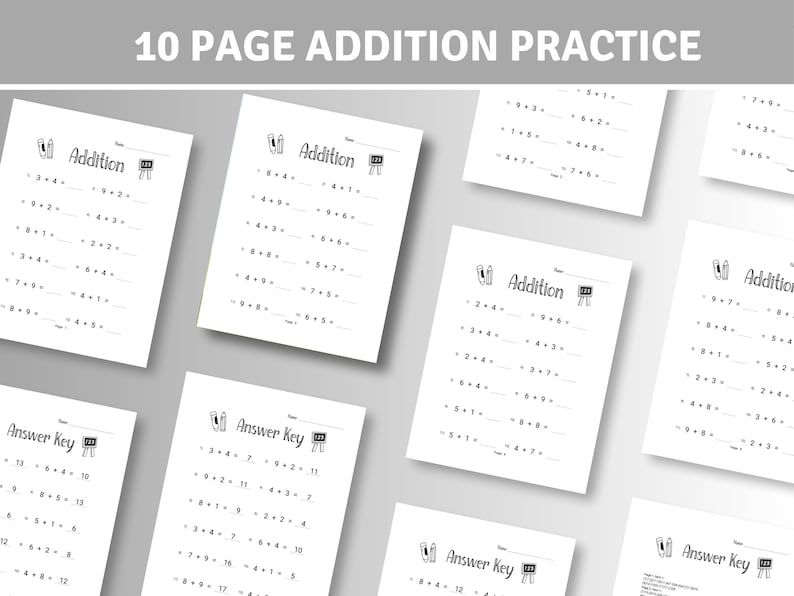 10 Printable Addition Worksheets. Numbers 1-9. Answer Key Included ...
