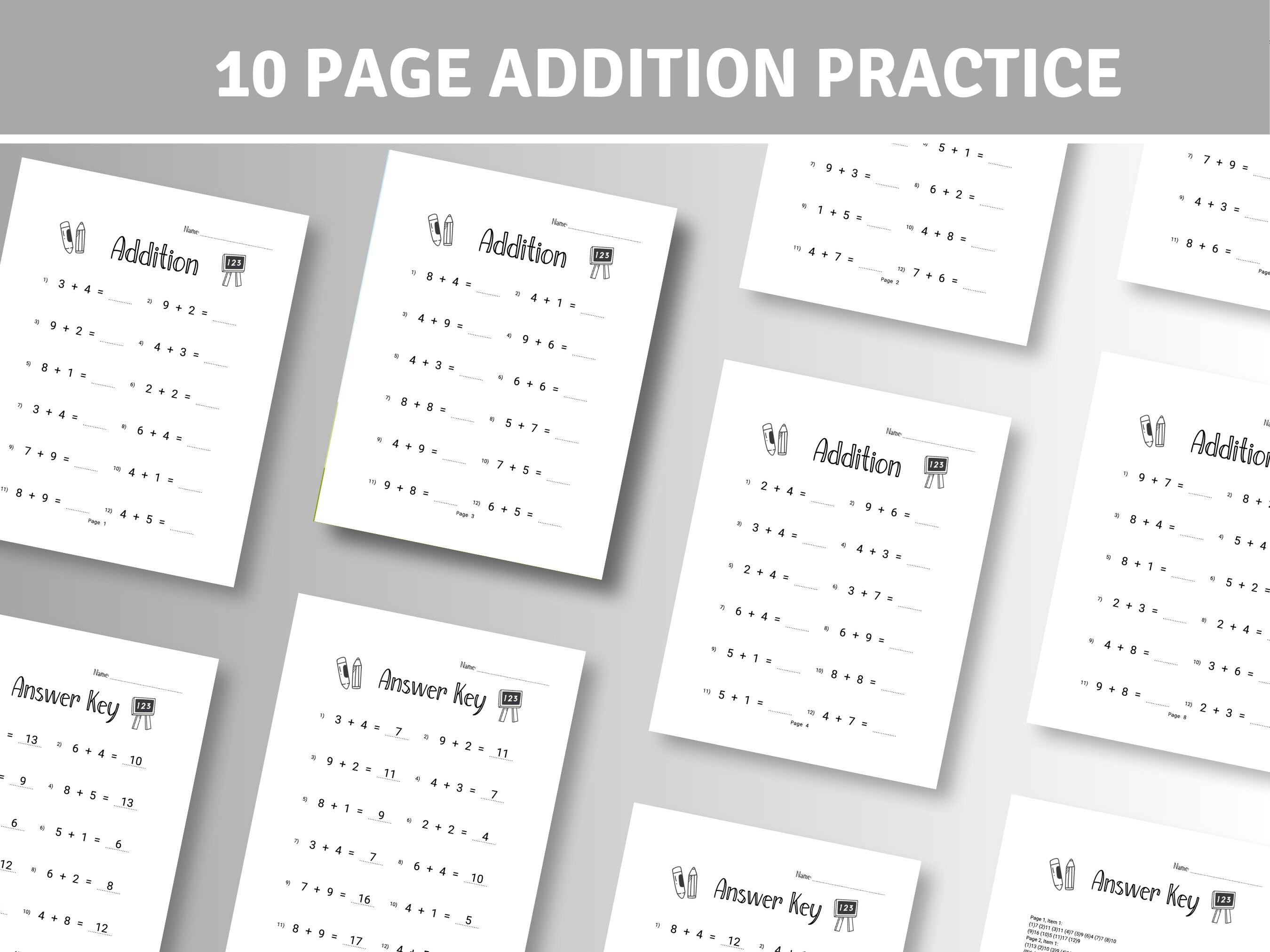 10 Printable Addition Worksheets. Numbers 1-9. Answer Key Included ...