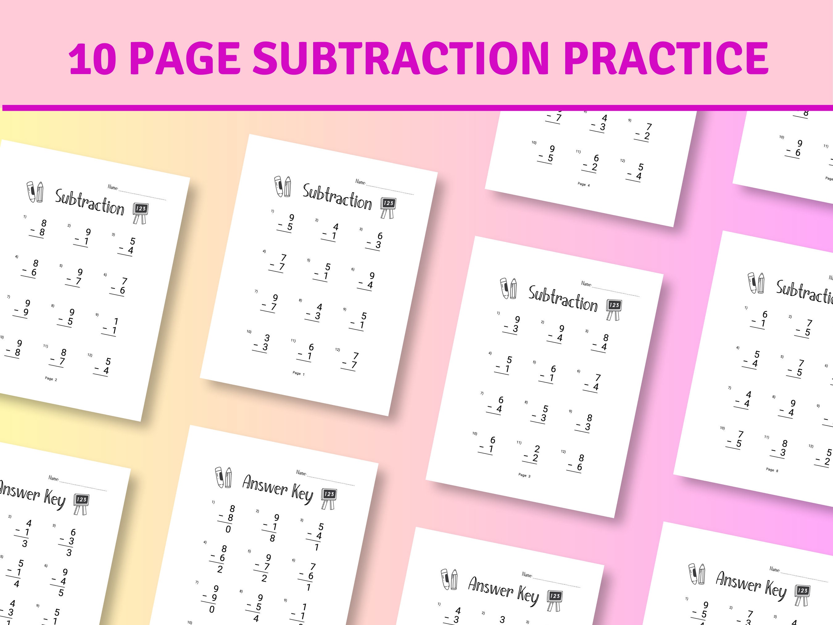 10 Printable Subtraction Worksheets, Numbers 1-9, Answer Key Included ...