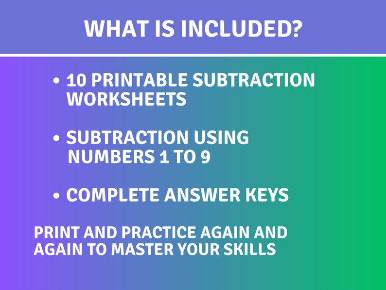 10 Printable Subtraction Worksheets. Numbers 1-9. Answer Key Included ...