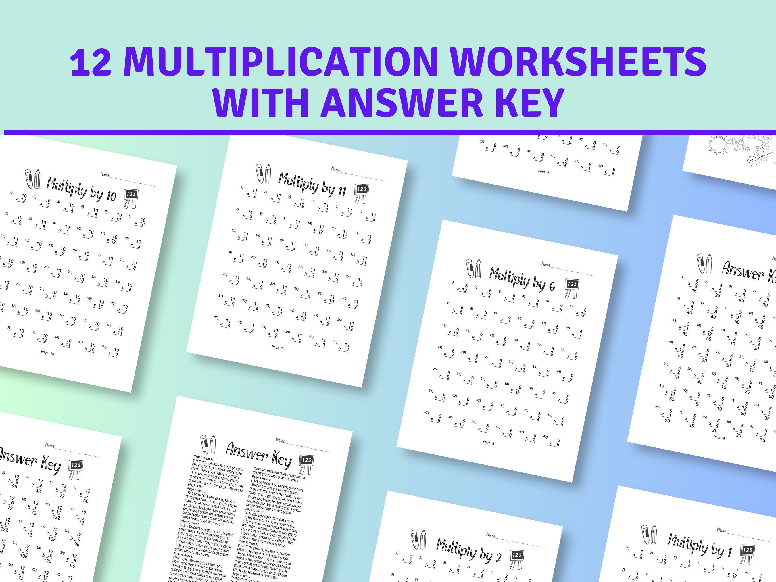 12 Printable Multiplication Worksheets. Numbers 1-12. Answer Key ...