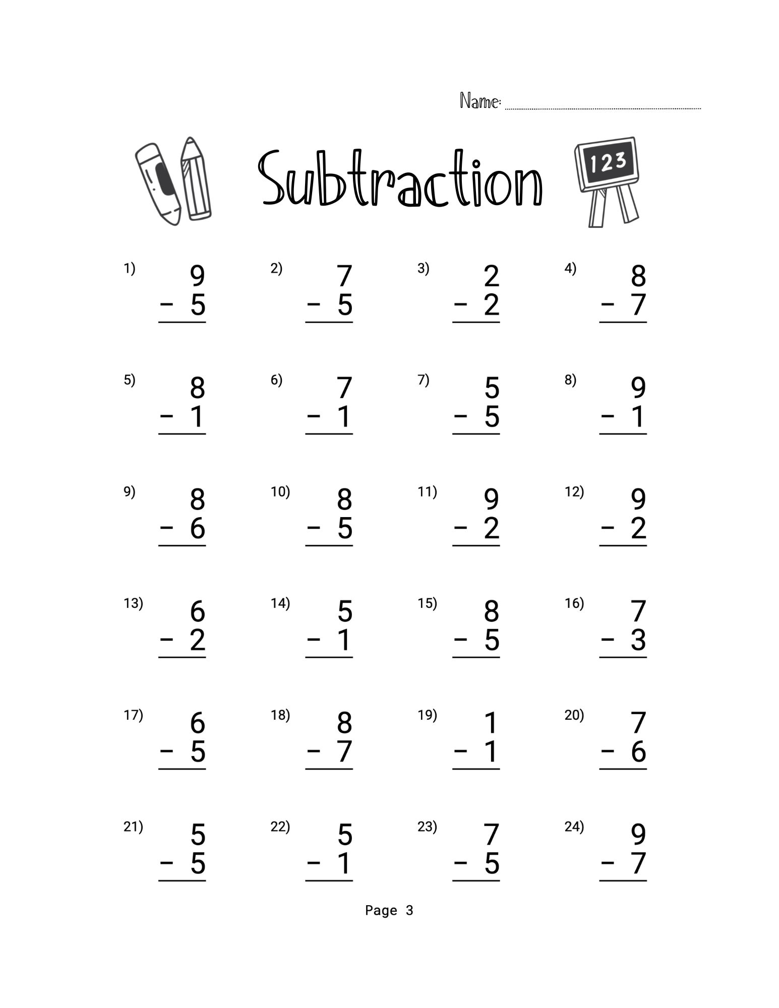 10 Printable Subtraction Worksheets. Numbers 1-9. Answer Key Included ...