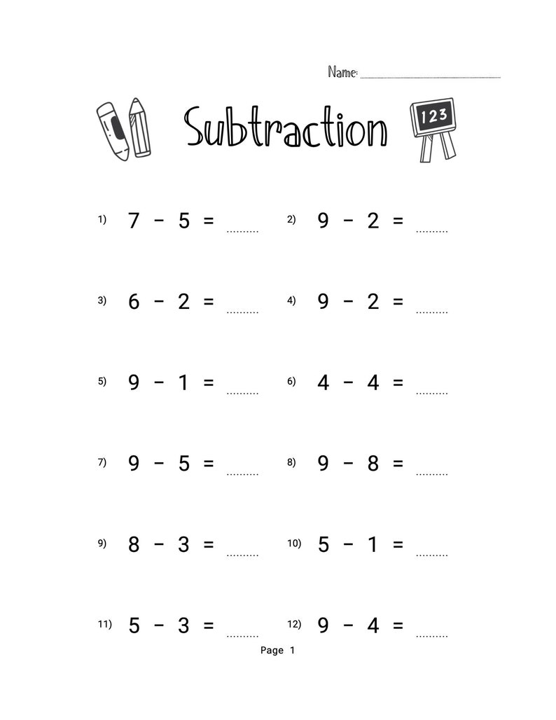 10 Printable Subtraction Worksheets. Numbers 1-9. Answer Key Included ...