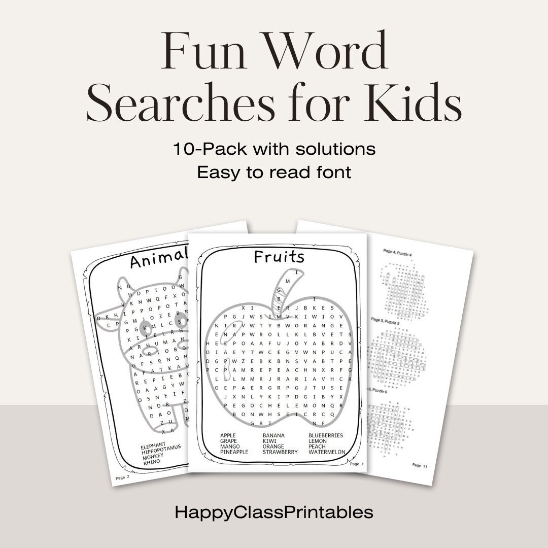 Word Searches for Kids, Fun Shapes, Easy to Read Font, 10 Word Searches ...