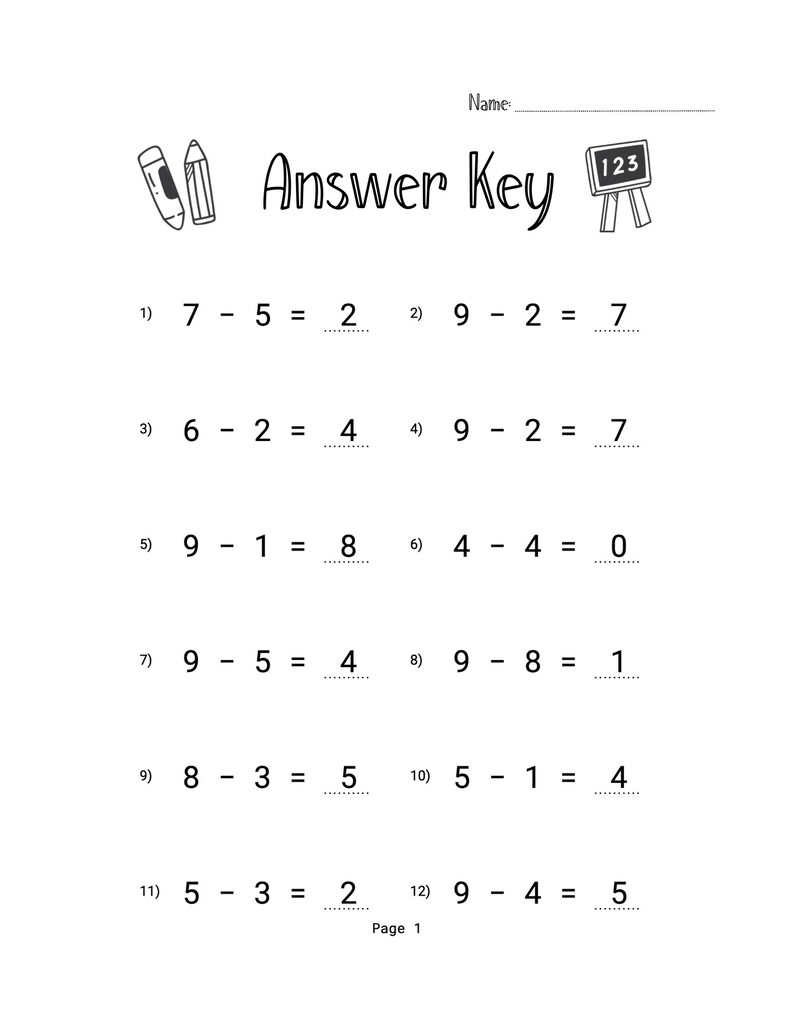 10 Printable Subtraction Worksheets. Numbers 1-9. Answer Key Included ...