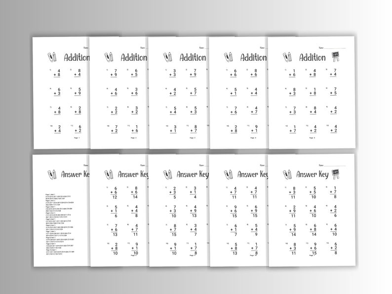 10 Printable Addition Worksheets. Numbers 1-9. Answer Key Included ...