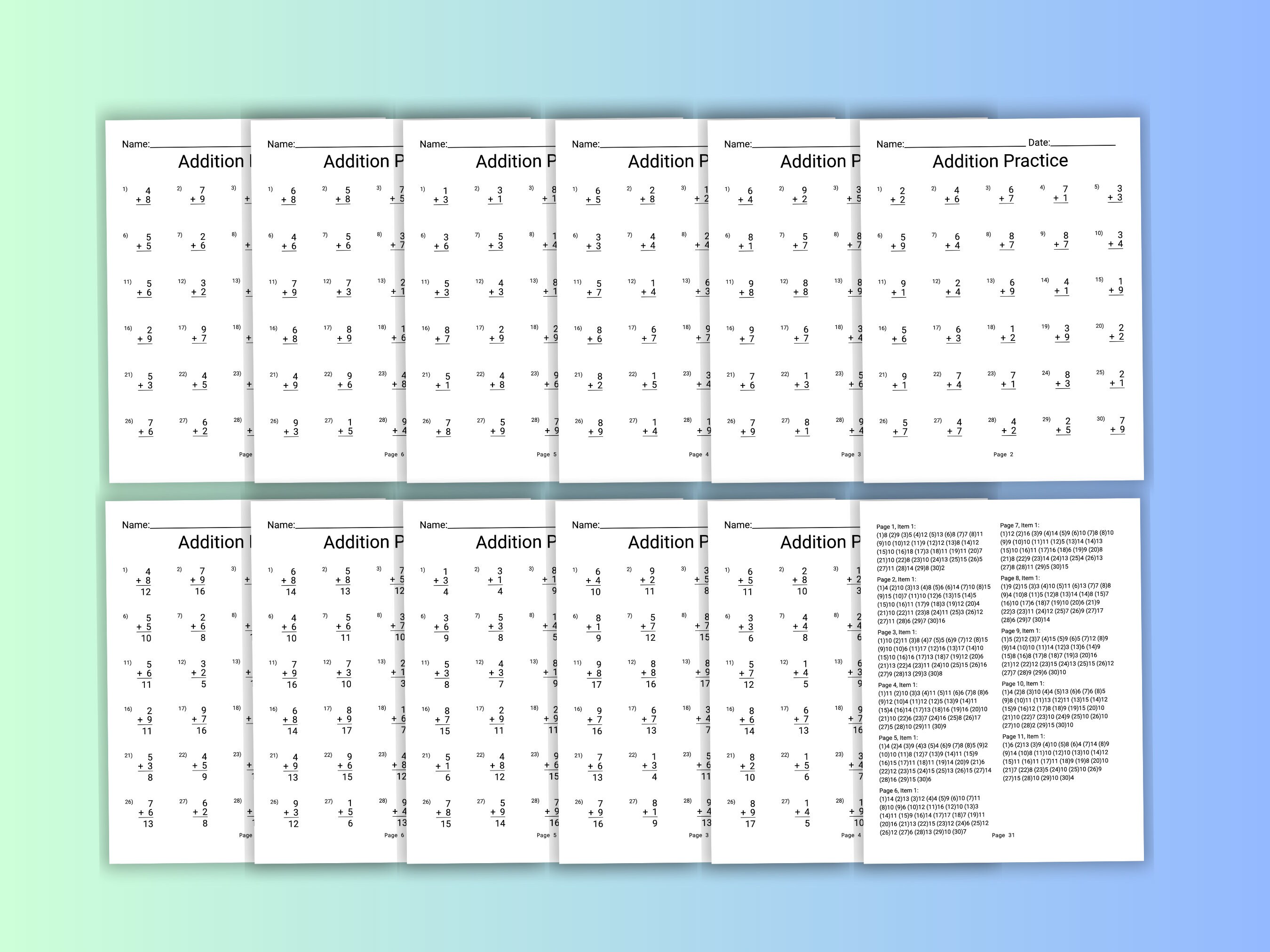 30 Printable Addition Worksheets, Single Digit, Numbers 1-9, Answer Key ...