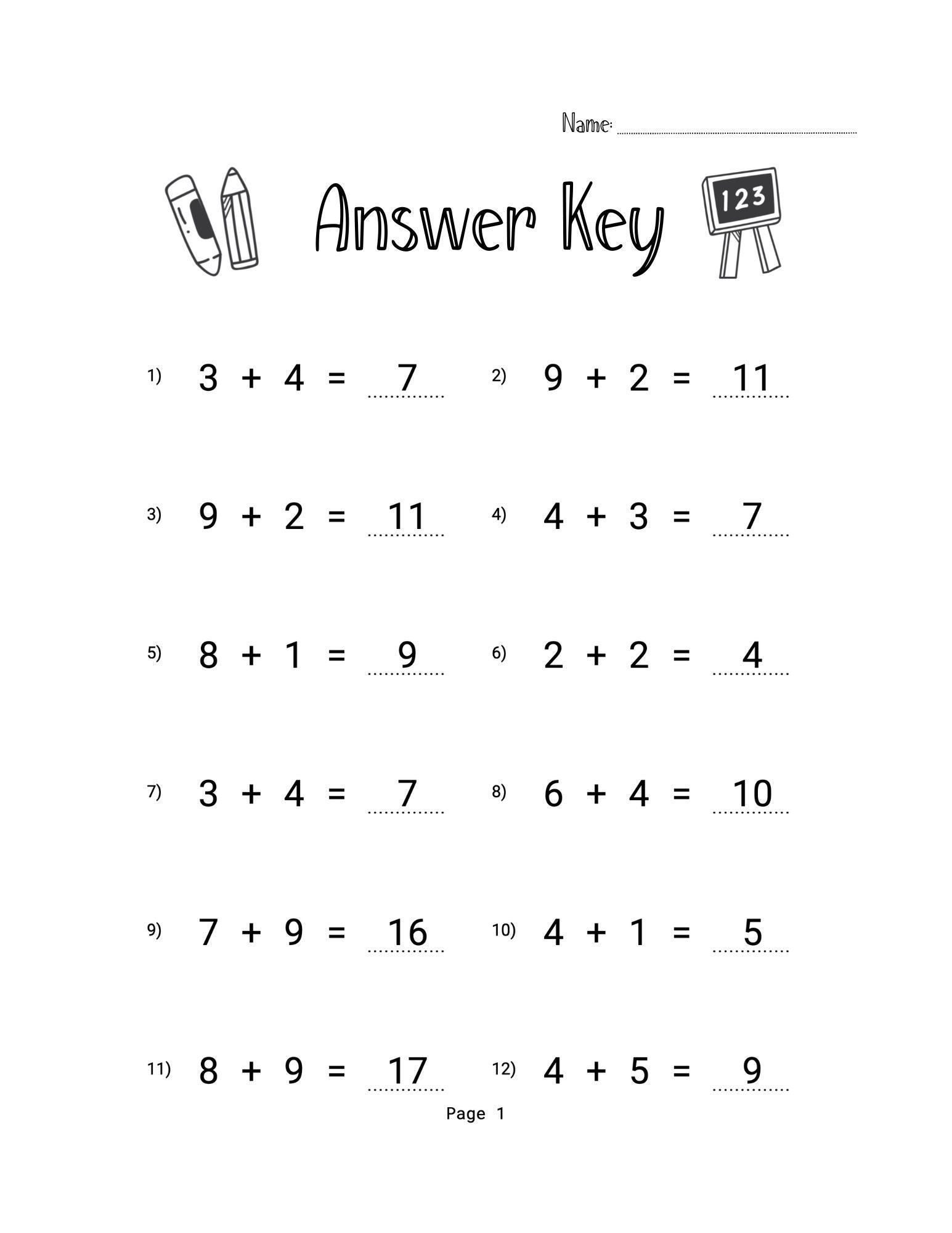 10 Printable Addition Worksheets. Numbers 1-9. Answer Key Included ...
