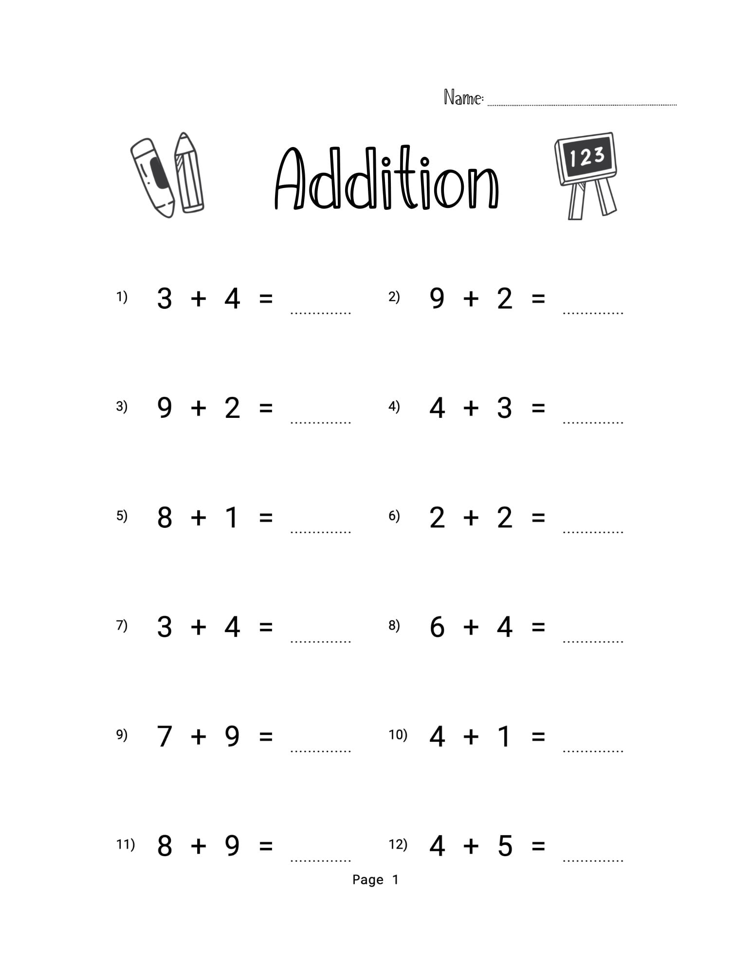10 Printable Addition Worksheets. Numbers 1-9. Answer Key Included ...