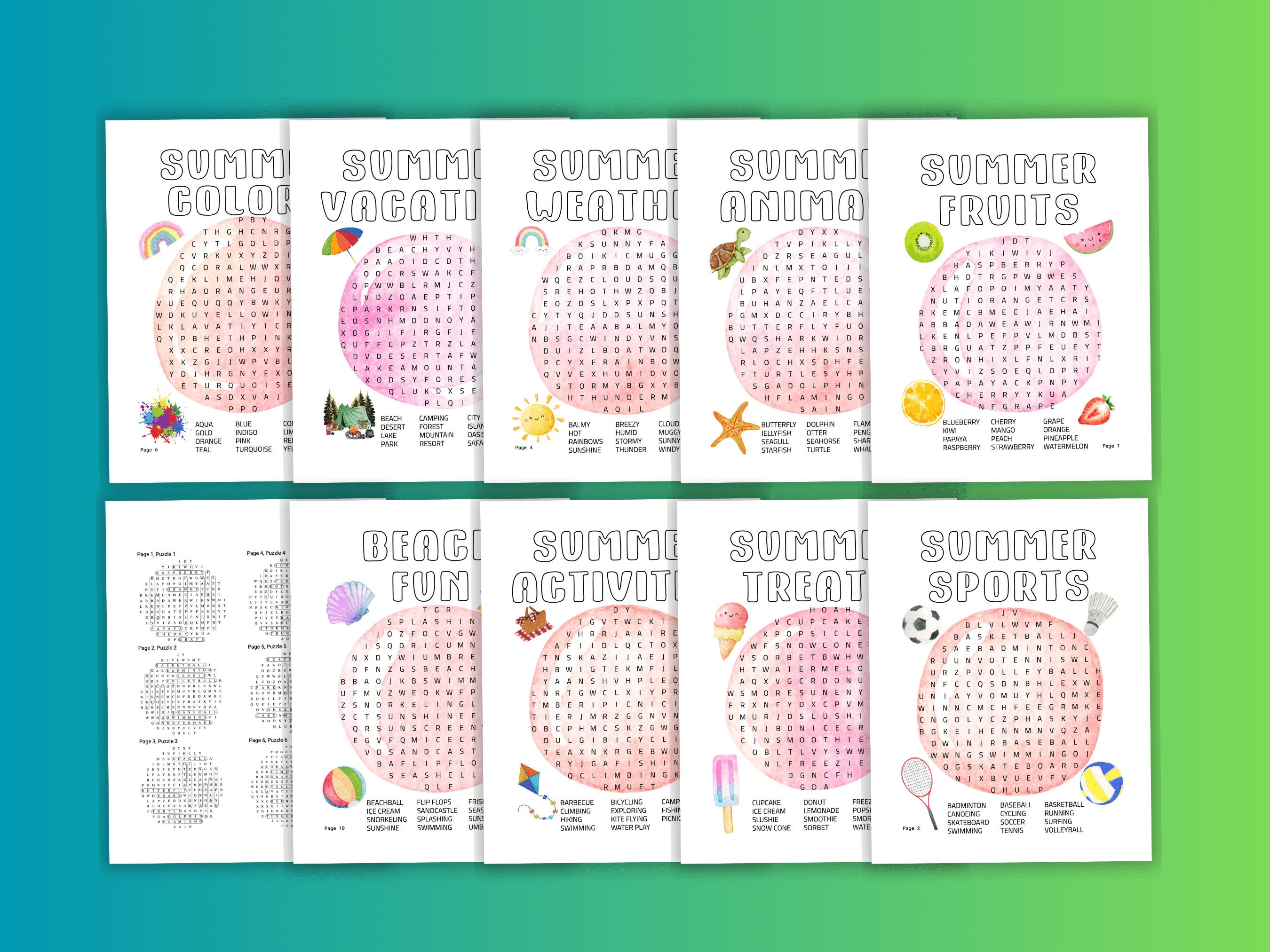 Summer Fun Word Searches for Kids, Color, Easy to Read Font, 10 Word ...