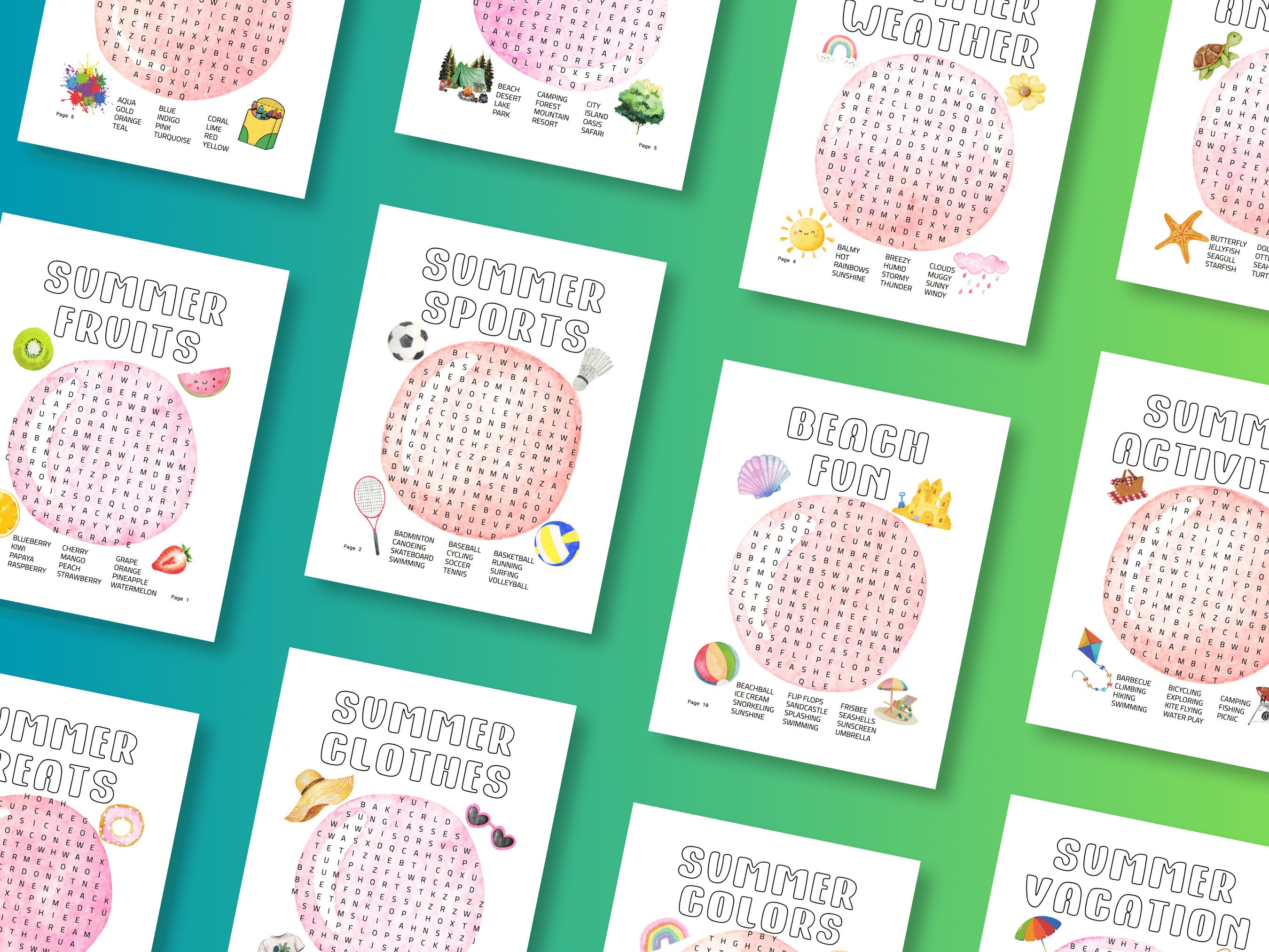 Summer Fun Word Searches for Kids, Color, Easy to Read Font, 10 Word ...