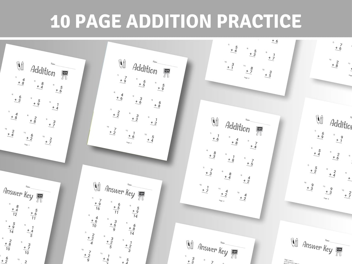 10 Printable Addition Worksheets. Numbers 1-9. Answer Key Included ...