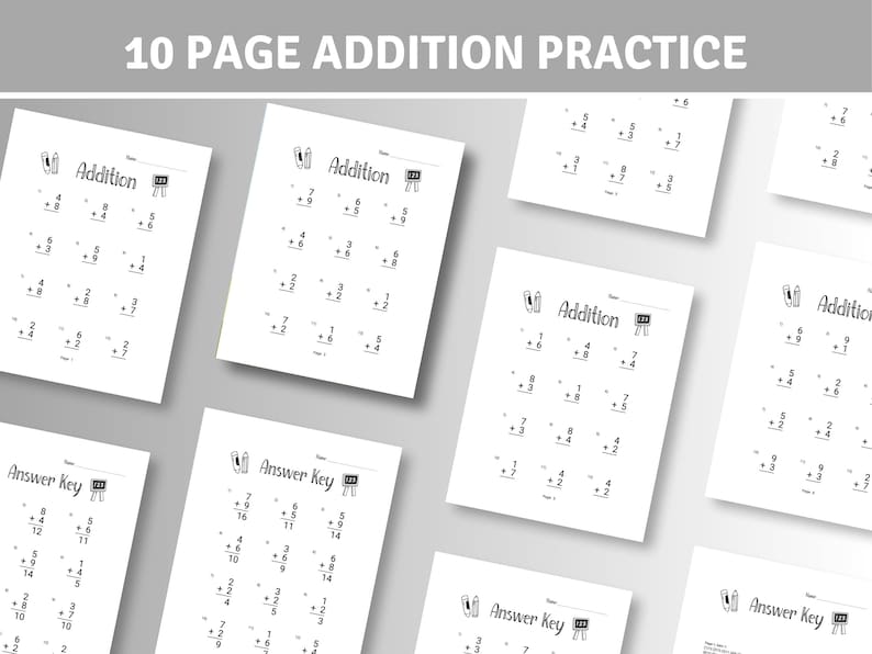 10 Printable Addition Worksheets. Numbers 1-9. Answer Key Included ...