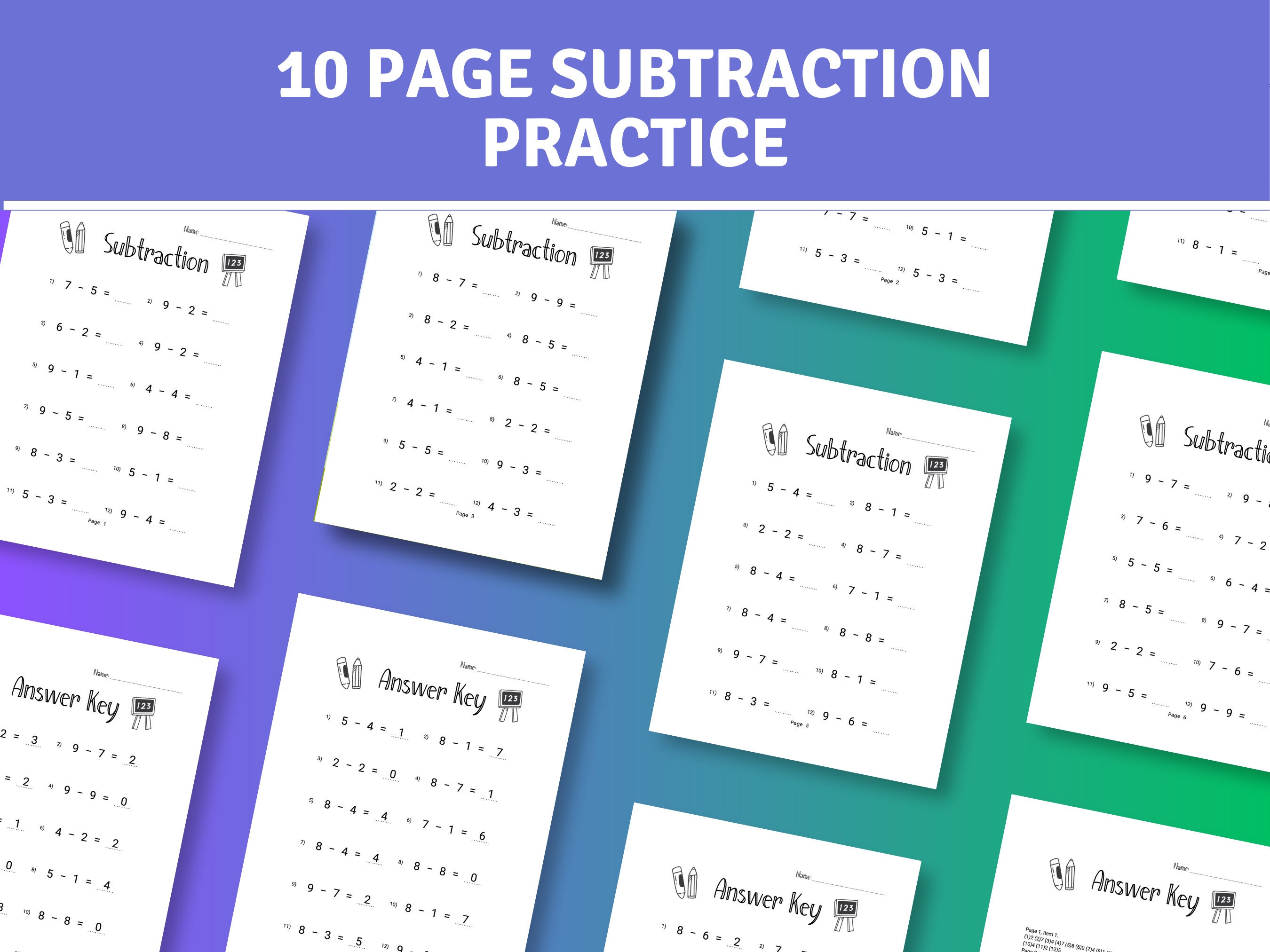 10 Printable Subtraction Worksheets. Numbers 1-9. Answer Key Included ...
