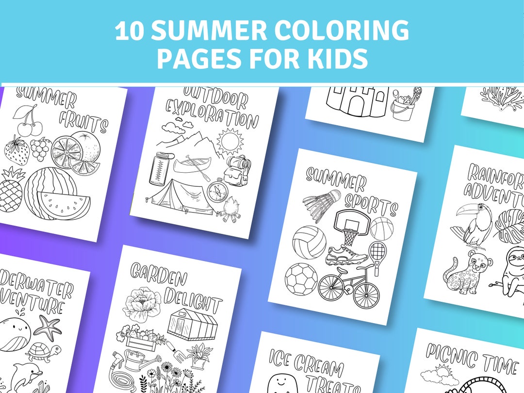 Summer Fun 10 Coloring Pages for Kids, Color, Printable, Digital ...