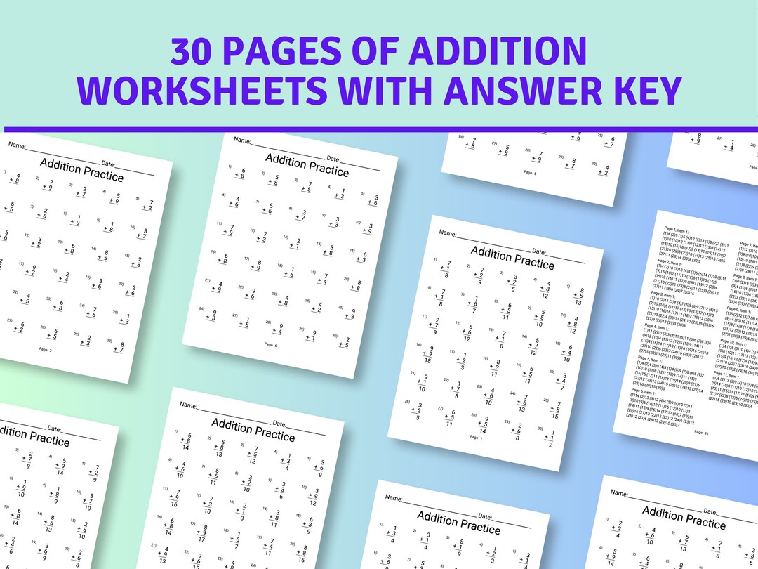 30 Printable Addition Worksheets, Single Digit, Numbers 1-9, Answer Key ...