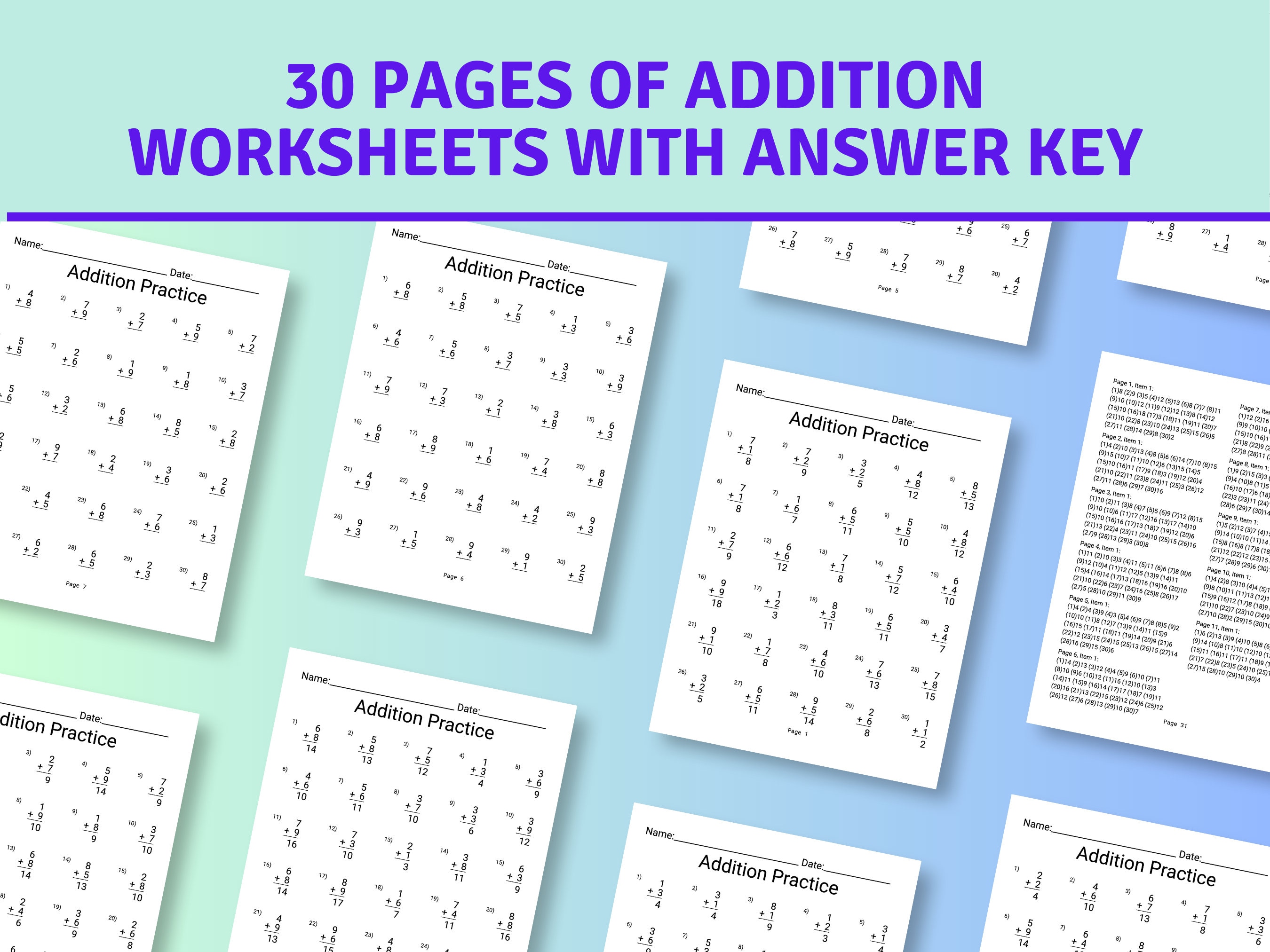30 Printable Addition Worksheets, Single Digit, Numbers 1-9, Answer Key ...