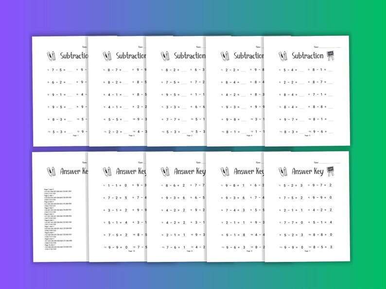 10 Printable Subtraction Worksheets. Numbers 1-9. Answer Key Included ...