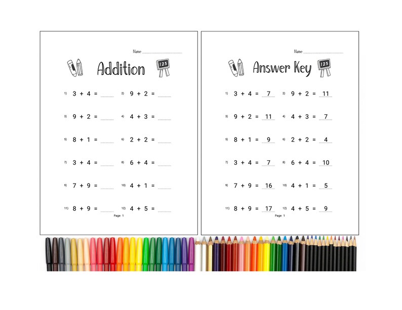 10 Printable Addition Worksheets. Numbers 1-9. Answer Key Included ...