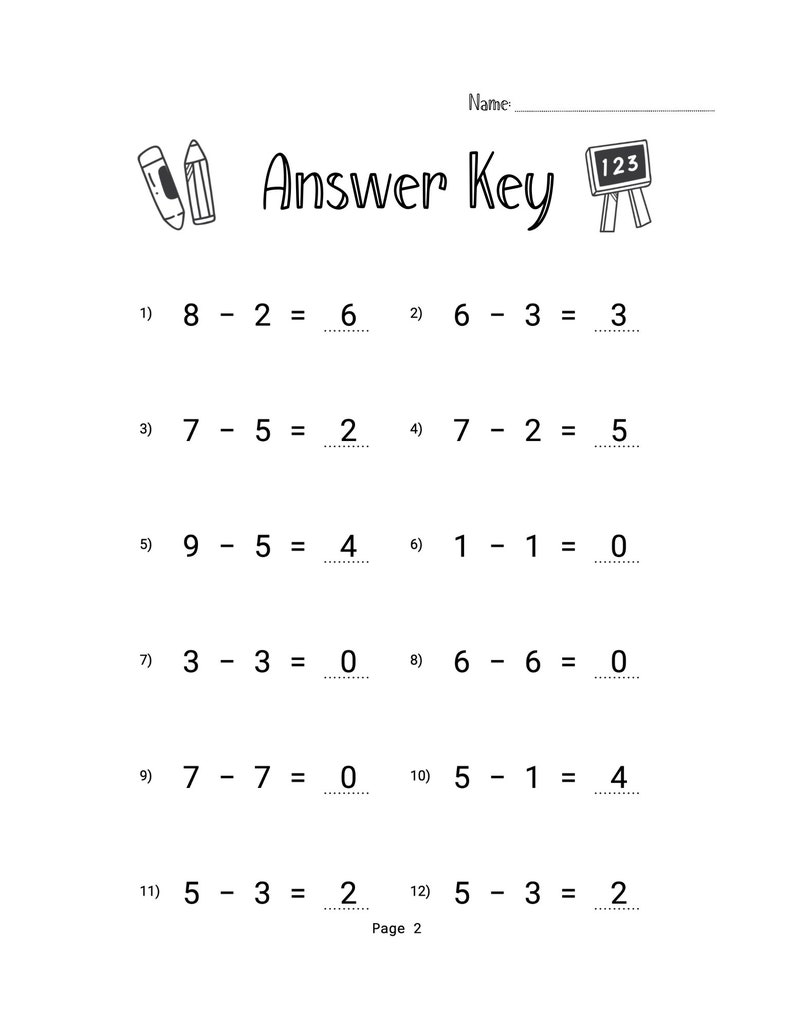 10 Printable Subtraction Worksheets. Numbers 1-9. Answer Key Included ...