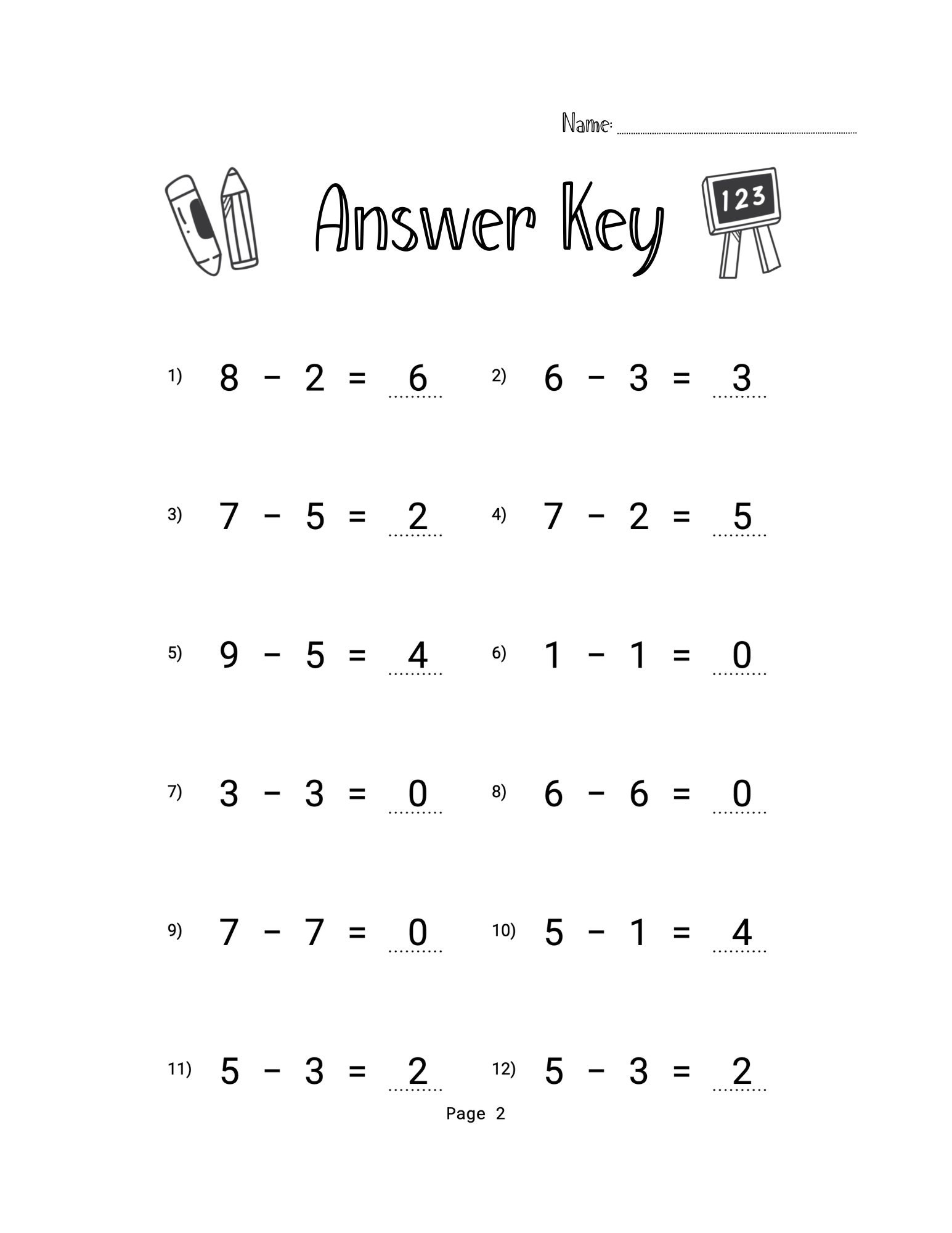 10 Printable Subtraction Worksheets. Numbers 1-9. Answer Key Included ...