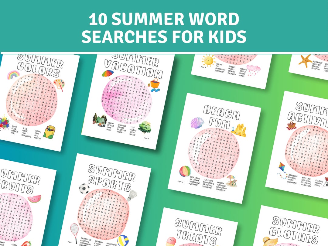 Summer Fun Word Searches for Kids, Color, Easy to Read Font, 10 Word ...