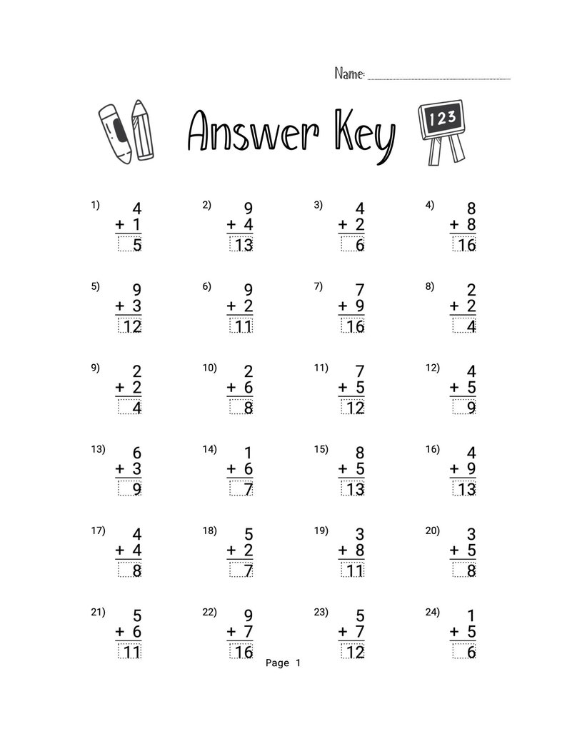 10 Printable Addition Worksheets. Numbers 1-9. Answer Key Included ...