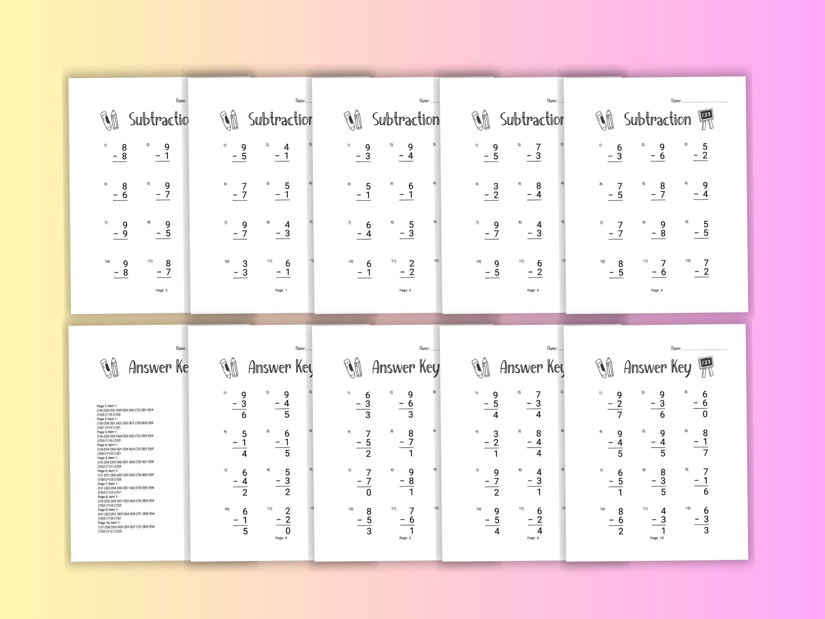 10 Printable Subtraction Worksheets, Numbers 1-9, Answer Key Included ...