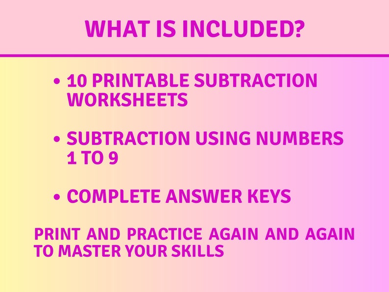 10 Printable Subtraction Worksheets, Numbers 1-9, Answer Key Included ...