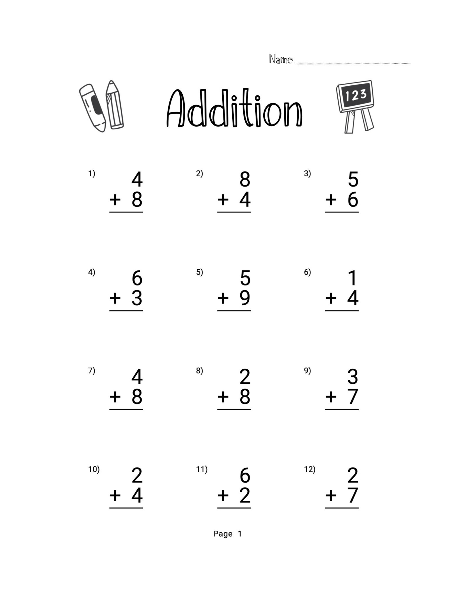10 Printable Addition Worksheets. Numbers 1-9. Answer Key Included ...